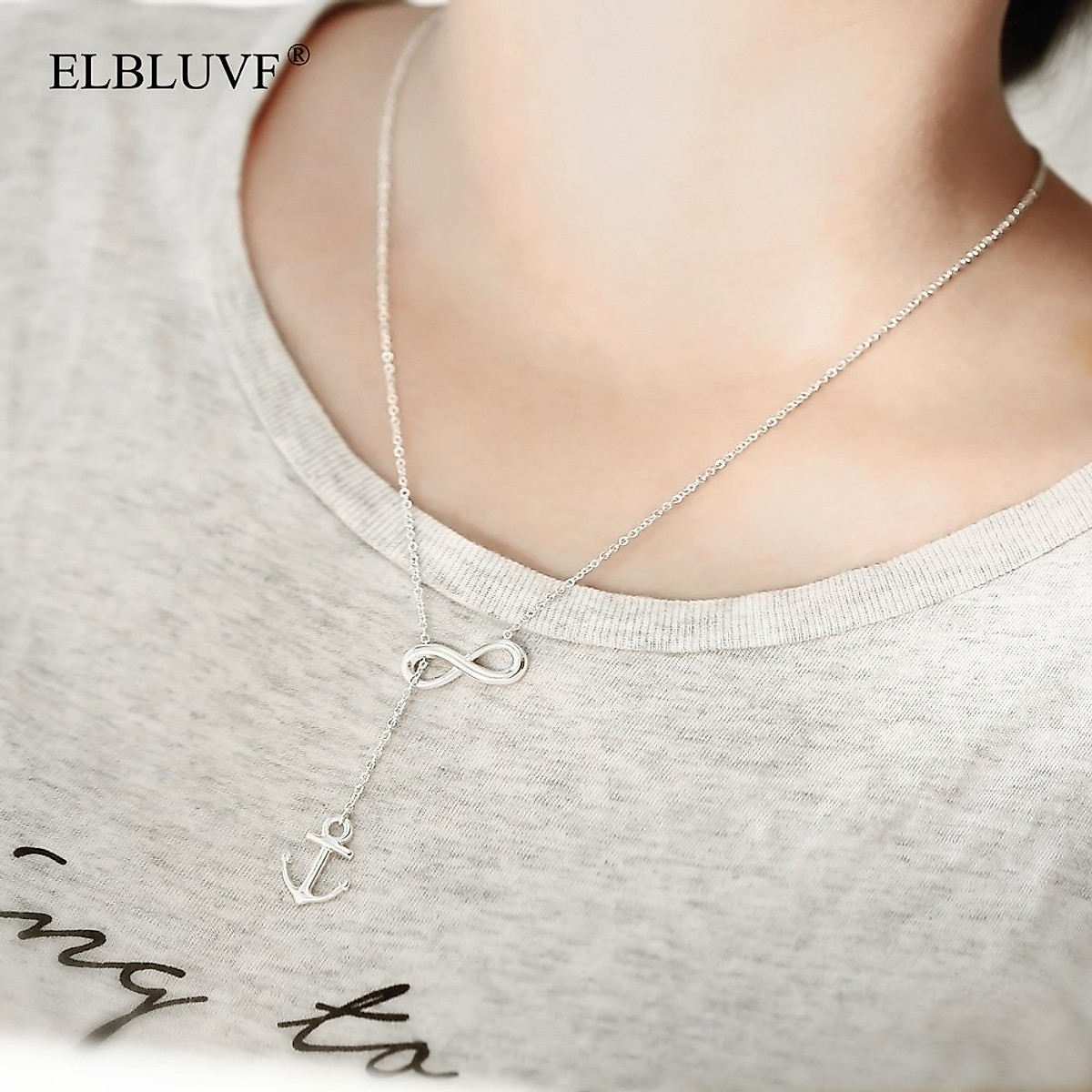 ELBLUVF Newest Stainless steel Anchor Infinity Y Shaped Lariat Style Necklace 18inch For Women (White gold color)