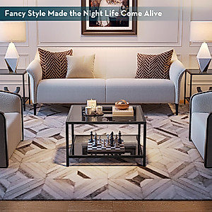 SAYGOER Modern Coffee Table Small Glass Coffee Table with Storage 2-Tier Simple Square Center Table for Living Room Home Office Sofa Table with Metal Frame 26.7 x 26.7 x 15.7 Inches, Gray Black