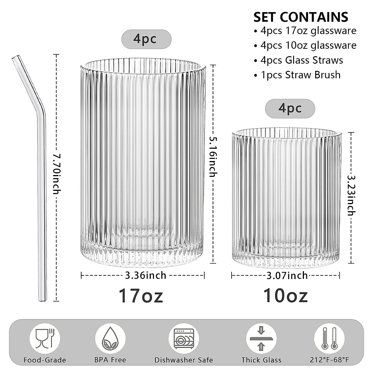 INSETLAN Set of 8 Ribbed Glassware - 4 Large Glasses 17 oz, 4 Rocks Glass Cups 10 oz, Vintage Glassware Cocktail Glasses, Ideal for Beer, Juice, Water, Ice Coffee Cup, Whiskey, Mixed Drinkware