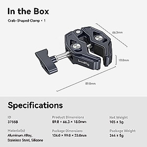 SMALLRIG Clamp, Camera Mount Clamp, Crab-Shaped Super Clamp with 1/4"-20, 3/8"-16 Threaded Holes, Payload 7.7lbs/3.5kg, for Most Photographic Accessories - 3755B