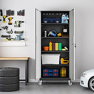 Tall Metal Garage Storage Cabinet, 72" Tool Storage Cabinet Utility Locker with Wheels, Adjustable Shelves & Locking Doors- Pantry Cabinets for Kitchen, Bathroom, Laundry Room, Basement Organization