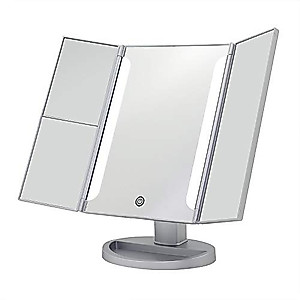 KXA Lighted Makeup Mirror, 24 LED Lighted Tri-Fold Makeup Mirror with Touch Screen and 180°Adjustable Stand Dual Power Mode Travel Beauty Mirror