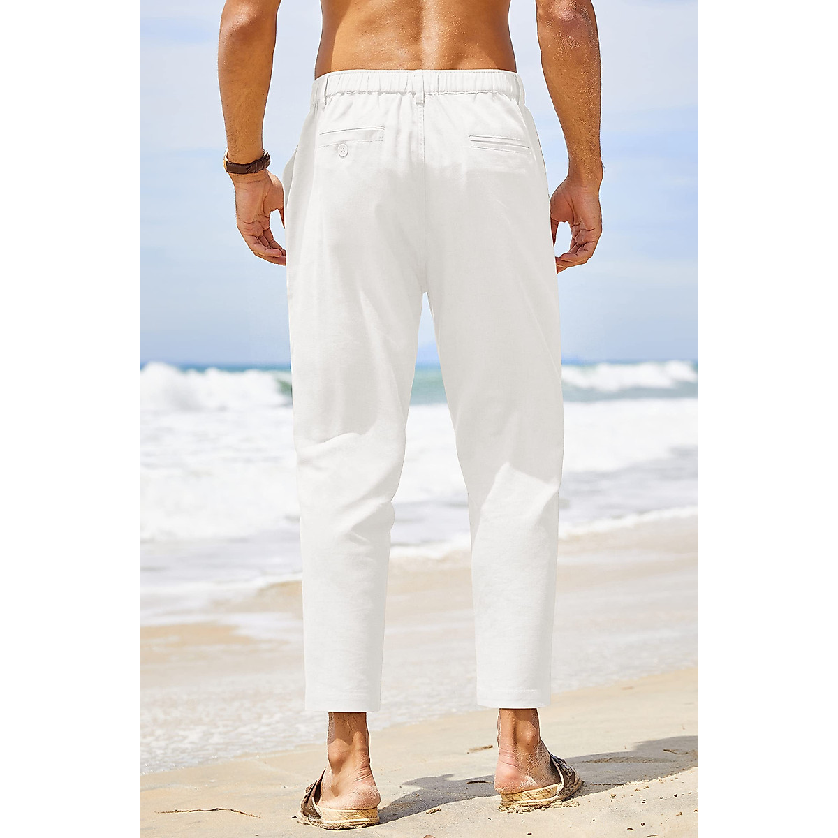 COOFANDY Men's Cotton Linen Pants Elastic Waist Lightweight Casual Pants Slim Fit Yoga Beach Pants with Pockets