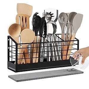 DTONIMA Large Utensil Holder for Kitchen Counter:Kitchen Cooking Utensil Holder Organizer with Diatomaceous Earth Base Matte Black (4 Compartments)