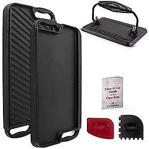 Cast Iron Griddle / Grill + Burger Press + Pan Scrapers - Reversible Pre-Seasoned 20" X 10"-inch Dual Handle Flat Skillet and Griller Pan + Cleaning Accessories - Indoor/Outdoor - UPDATED VERSION