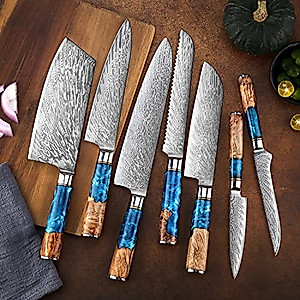 SENKEN 7-Piece Damascus Kitchen Knife Set - Tsunami Collection - 67-Layer Japanese VG10 Steel - Chef's Knife, Cleaver Knife, Bread Knife, Santoku Knife, Boning Knife, & More, Luxury Gift Box