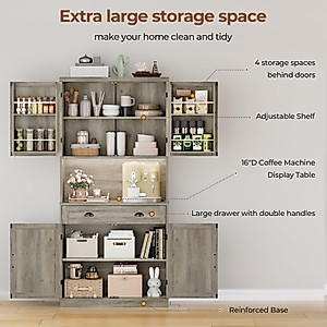 UPOSOJA Farmhouse Kitchen Pantry Cabinet with Operation Table, 72.6" Storage Cabinet with LED Lights and Power Strip, Adjustable Shelves for Dining Room, Bathroom, Living Room (White Brown)