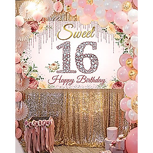 HTDZZI Sweet 16 Birthday Decorations, Rose Gold Happy 16th Birthday Backdrop Banner for Girls, Pink Floral Sweet Sixteen Party Decor, Sweet 16 Yard Sign Photo Booth Props, Fabric, 6.1ft x 3.6ft
