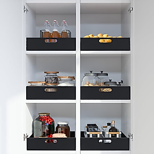 Sanbege Pull Out Cabinet Organizer Self Adhesive, Heavy Duty Metal Sliding Drawer, 16.9" D x 11.8" W x 3.7" H Slide Out Pantry Shelf for Kitchen, Bathroom, Bedroom, Living Room, Garage, Office (Black)