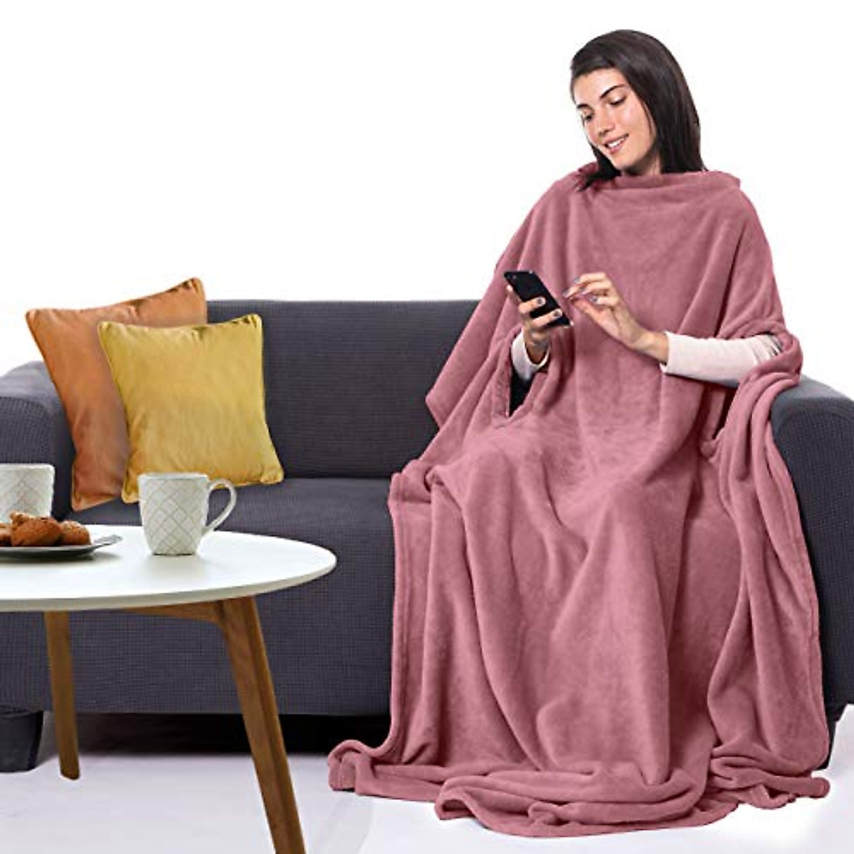 CANDY CANE Premium Wearable Blanket 70"x50" with Three Holes - Super Soft, Lightweight, Microplush, Cozy and Functional Throw Blanket for Adult, Women and Men (Sunset Pink)