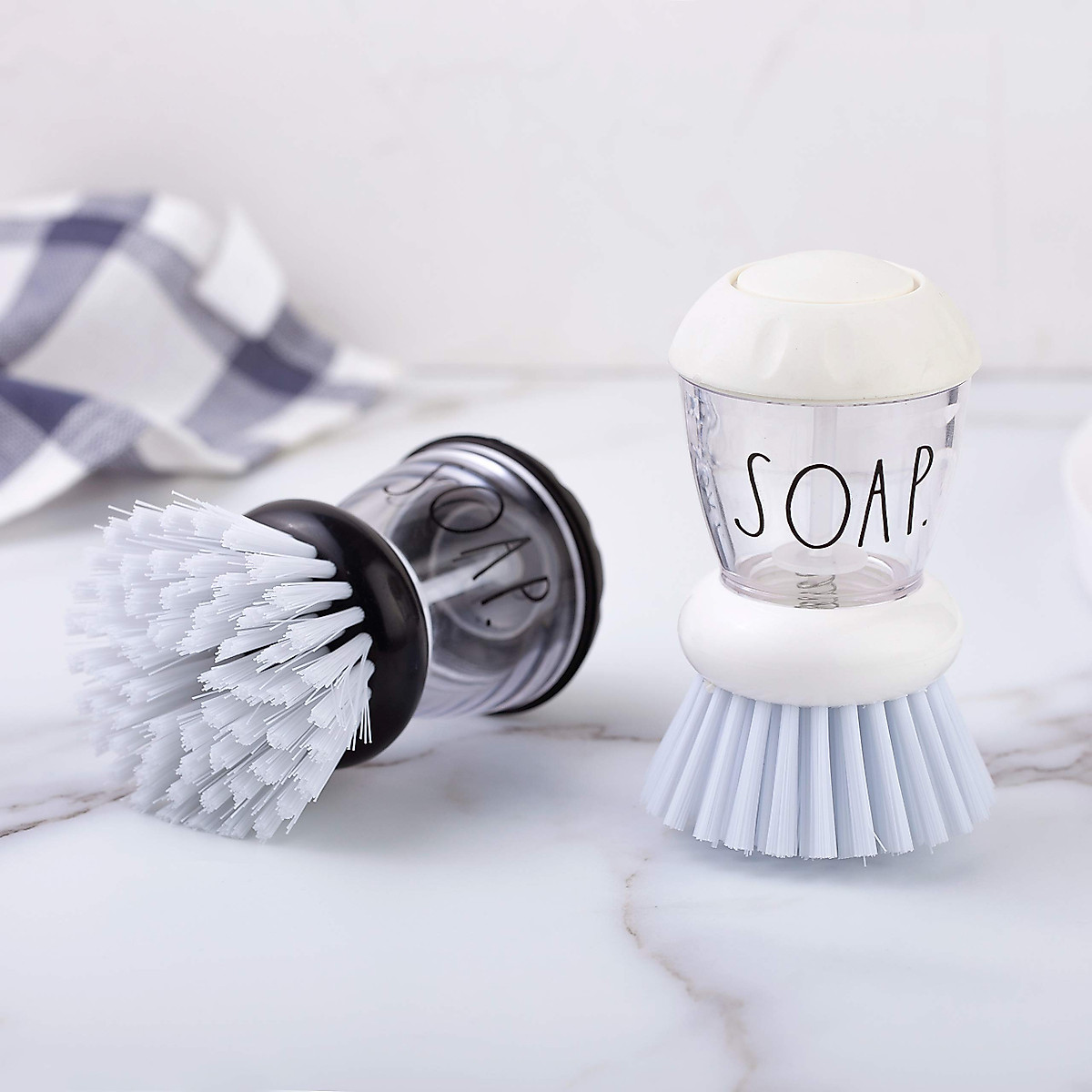 Rae Dunn Collection Soap Dispensing Dish Brush Set - Set of 2 Palm Brush Dish Scrubber with 2 Replacement Brush Heads