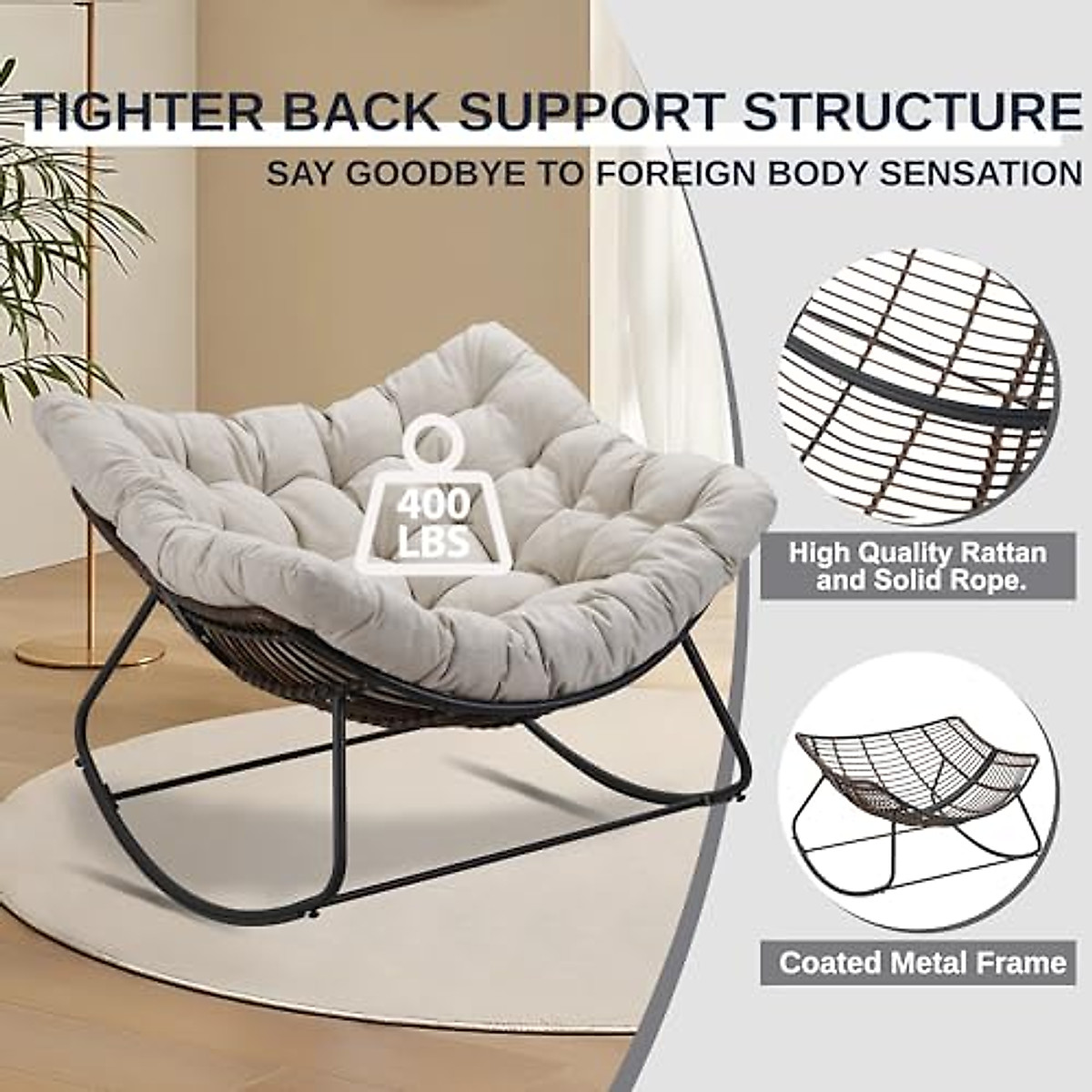 ZJEYEJZ Outdoor Rocking Chair, Oversized Rattan Papasan Rocking Chair, Patio Wicker Egg Chair with Padded Cushion, Rocker Egg Chair for Living Room, Patio, Front Porch, Backyard