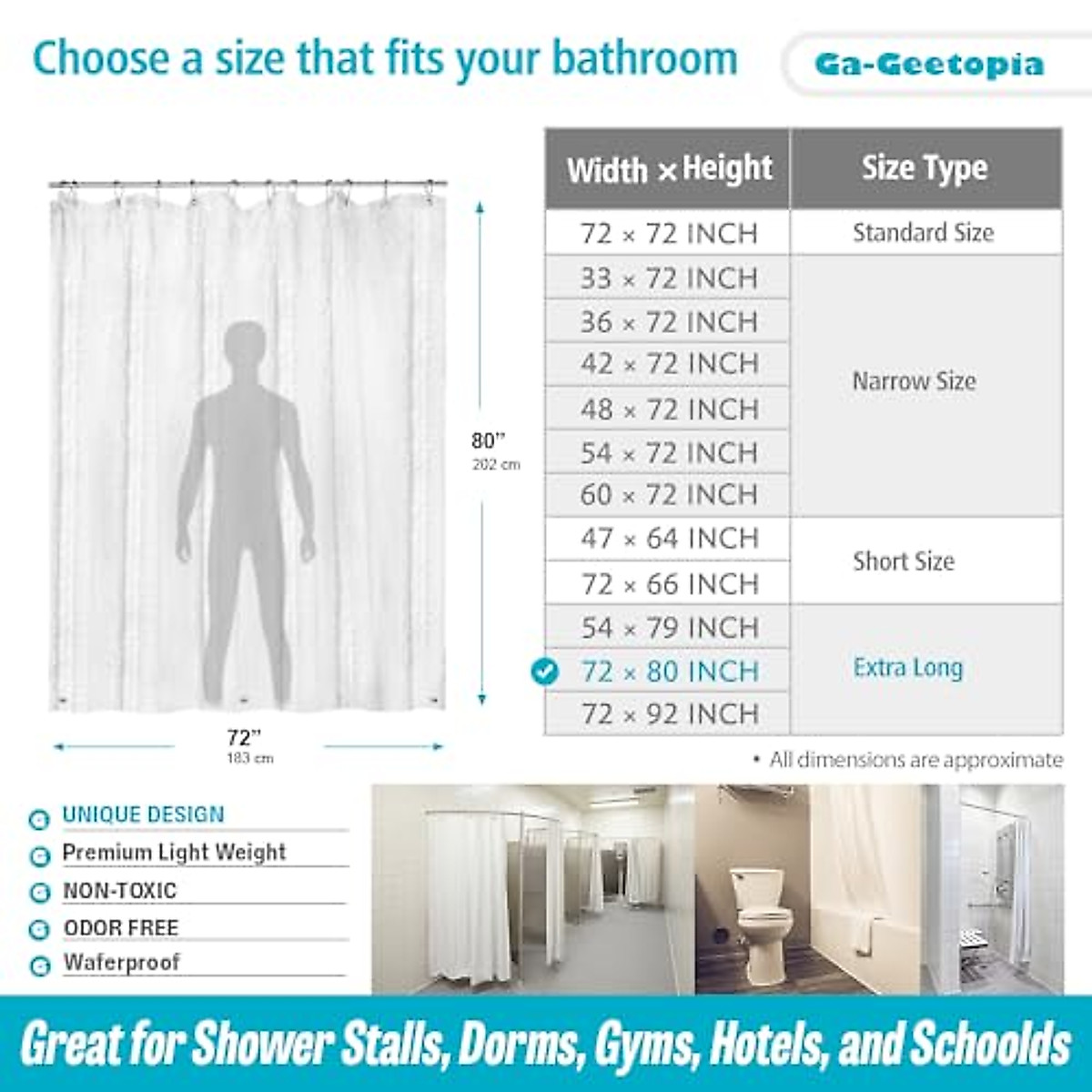 Ga-Geetopia Extra Long - EVA Clear Shower Curtain Liner, Pebble Pattern 72x80 Inch Lightweight Plastic Bathroom Shower Showroom Inner Curtain with Rustproof Metal Grommets and Weighted Magnets