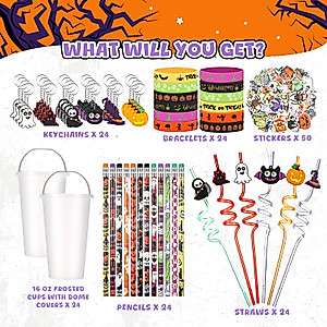 Seenelling 24 Set Halloween Party Favors Gift Cups Filler for Students, Halloween Goodie Bag Fillers, Halloween Treats Non Candy, Halloween Keychain Pencil Straw Silicone Bracelet for Classroom Gifts