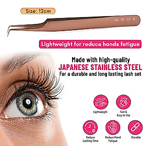 My Lash Tools Fiber Tip Lash Tweezers for Eyelash Extension Curved 90 Degree Angle Boot Tweezer Best for Volume, Individual Isolation & Classic Lashes Stainless Steel Lash Supply (Rose Gold)