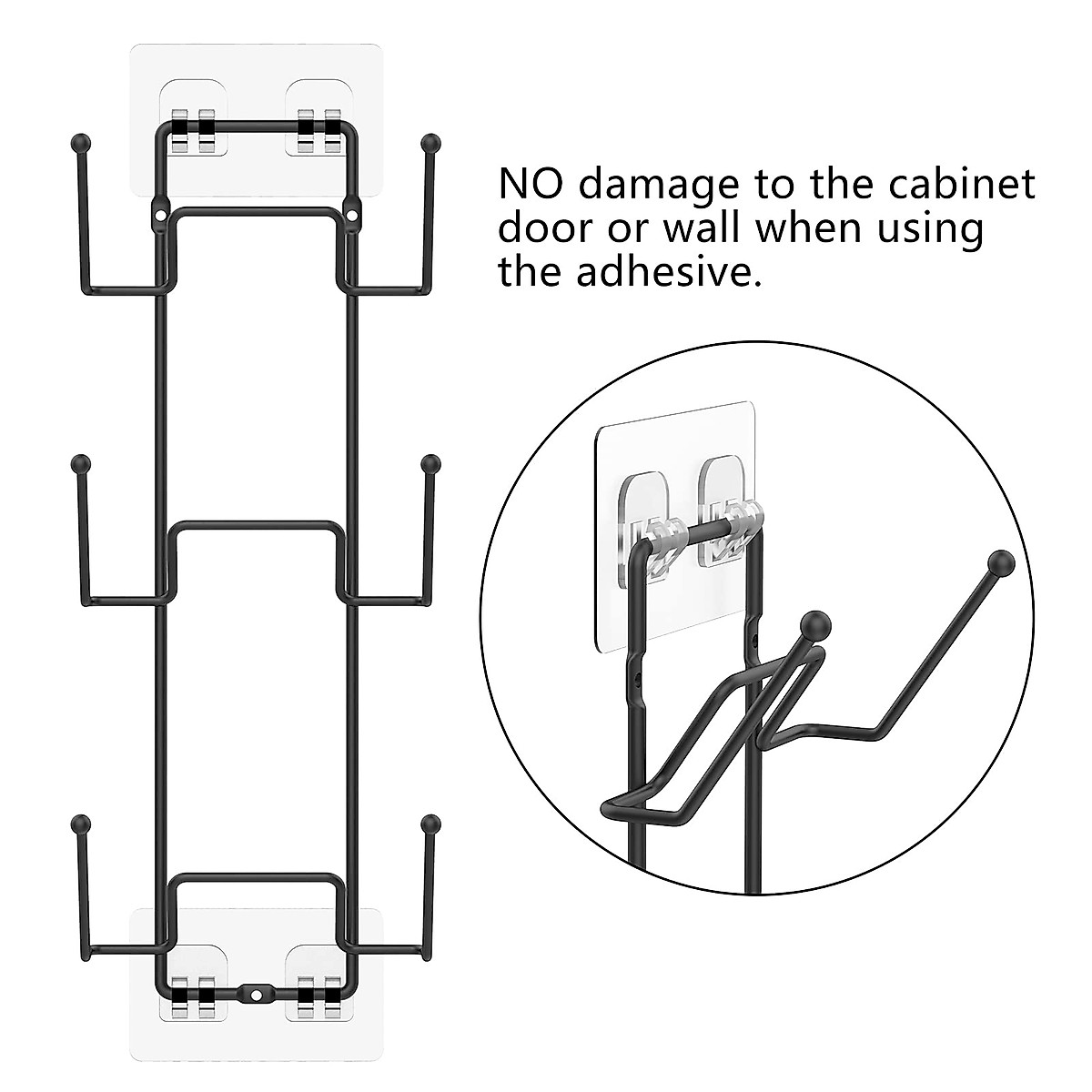 2 pack pot lid organizer rack for cabinet door/wall, no drilling adhesive wall/door mounted pot and pan lid holder, metal with powder coating, black