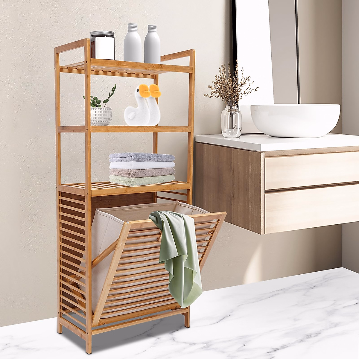 MEIWAIZX Bamboo Laundry Hamper Tilt Out Basket Laundry Hamper 4-Tier Linen Hamper with Removable Clothes Storage Basket, Freestanding Bamboo Laundry Shelf for Laundry Bathroom Bedroom