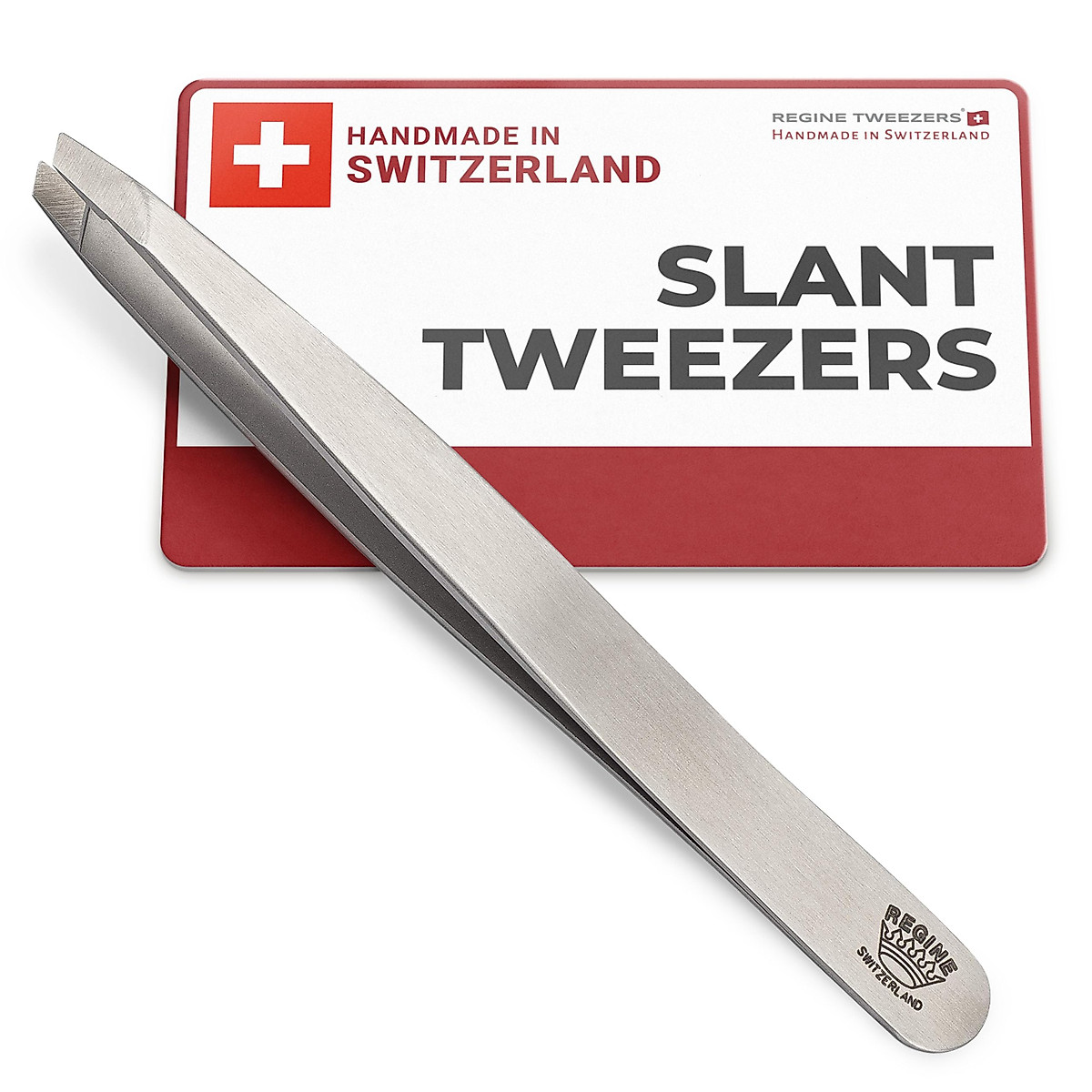 Regine Switzerland Professional Tweezers Slant Tip - Etched Tip Brow and Eyebrow Tool for Men and Women - Precision Tweezers for Fine Hair, Chin, Lash Extensions - Stainless Steel Handmade Beauty Tool