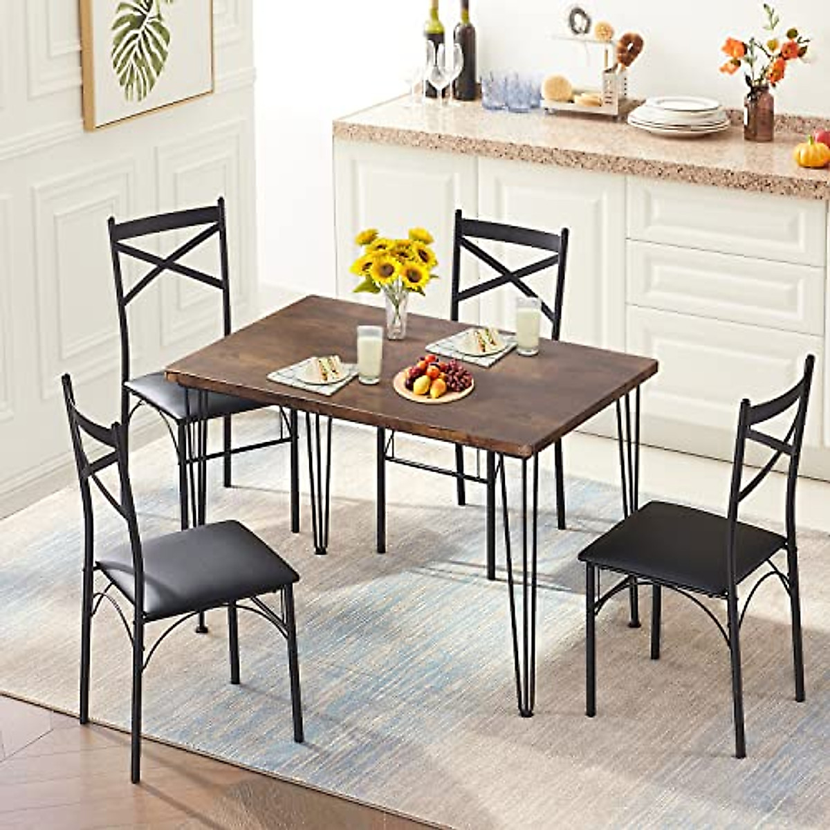 VECELO Kitchen Dining Room Table Set for Dinette, Breakfast Nook, 4 PU Metal Frame Chairs,Rectangular, Brown