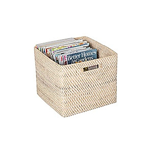 Loma Square Rattan Storage Basket with Cut-Out Handles - White-Wash - Coastal-Inspired Handwoven Rattan Basket for Home Organization & Décor