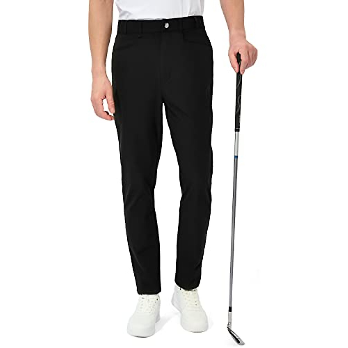 MELOO Men's Golf Dress Pants - Stretch Slim Fit Slacks Water Resistant Work Casual Trousers Pockets Black Size M
