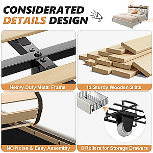 EnHomee Queen Bed Frame with Headboard and Storage, Upholstered Queen Bed Frame with Storage, Queen Size Bed Frame with 2 Drawers, Queen Size Bed Frame with Storage, NO Noise,No Box Spring Needed