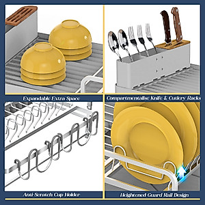 ACMETOP Dish Drying Rack 19" to 27" Expandable Large Capacity Dish Rack Heavy Duty Dish Drainer with Removable Cutlery Rack Cup Holder Aluminium Dish Racks for Kitchen Counter