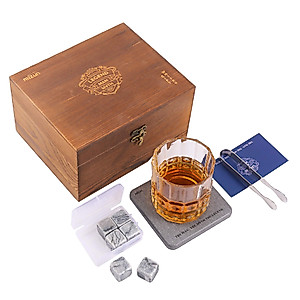 Whiskey Stones and Whiskey Glass Gift Set, Pack of 6 Whiskey Stones with Old Fashion Whiskey Glass, Absorbent Drink Coaster and Stainless Steel Tong, Man/Myth/Legend, Gift for Father/Husband - Aiizun
