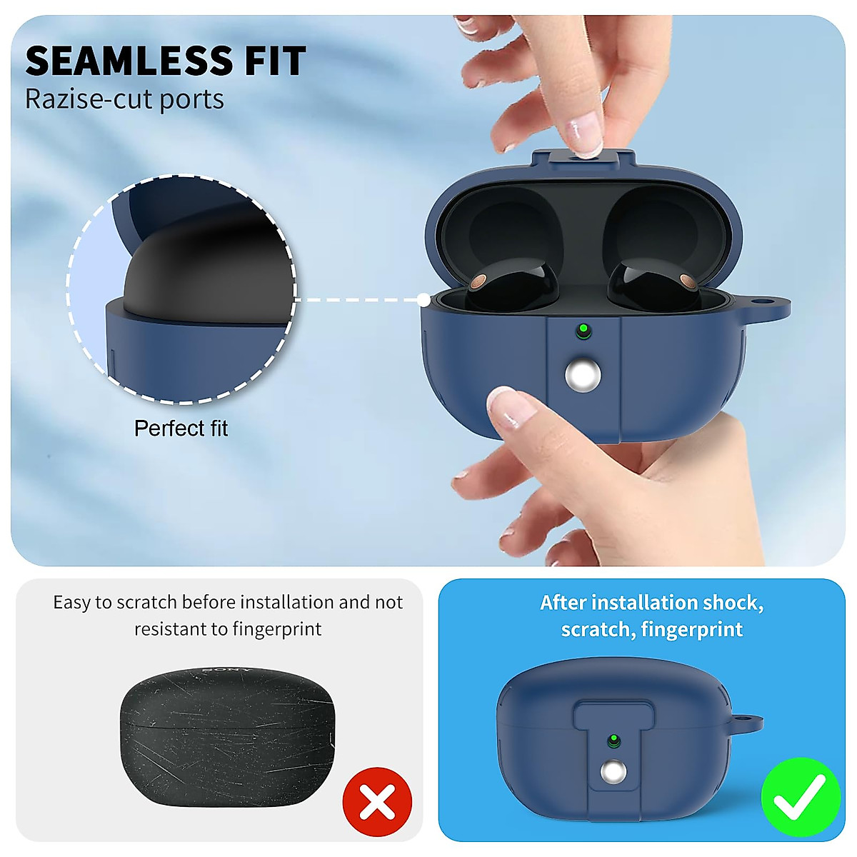 Secure Lock Case for Sony WF-1000XM5 Earbuds(2023), WOFRO Shockproof Anti-Scratch Silicone Protective Cover Skin Designed for Sony WF1000XM5 Sony XM5 Wireless Earbuds with Lanyard&Keychain (Blue)