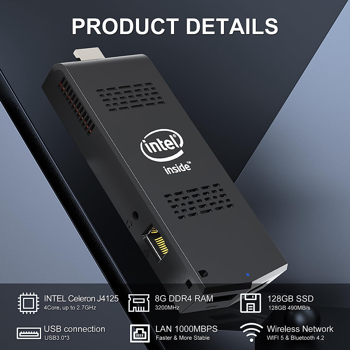 AIOEXPC PC Stick with Intel Celeron J4125 Windows 11 Pro 8GB DDR4 128GB SSD Mini Computer Stick Support UHD 4K 60Hz WiFi 2.4G/5G Gigabit Ethernet BT 4.2