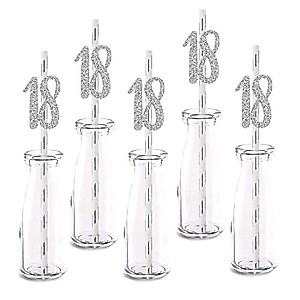 Silver Happy 18th Birthday Straw Decor, Silver Glitter 24pcs Cut-Out Number 18 Party Drinking Decorative Straws, Supplies
