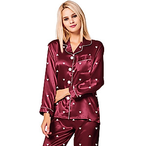 SWOMOG Womens Silk Satin Pajamas Long Sleeve Loungewear Two-Piece Sleepwear Button-Down Pj Set