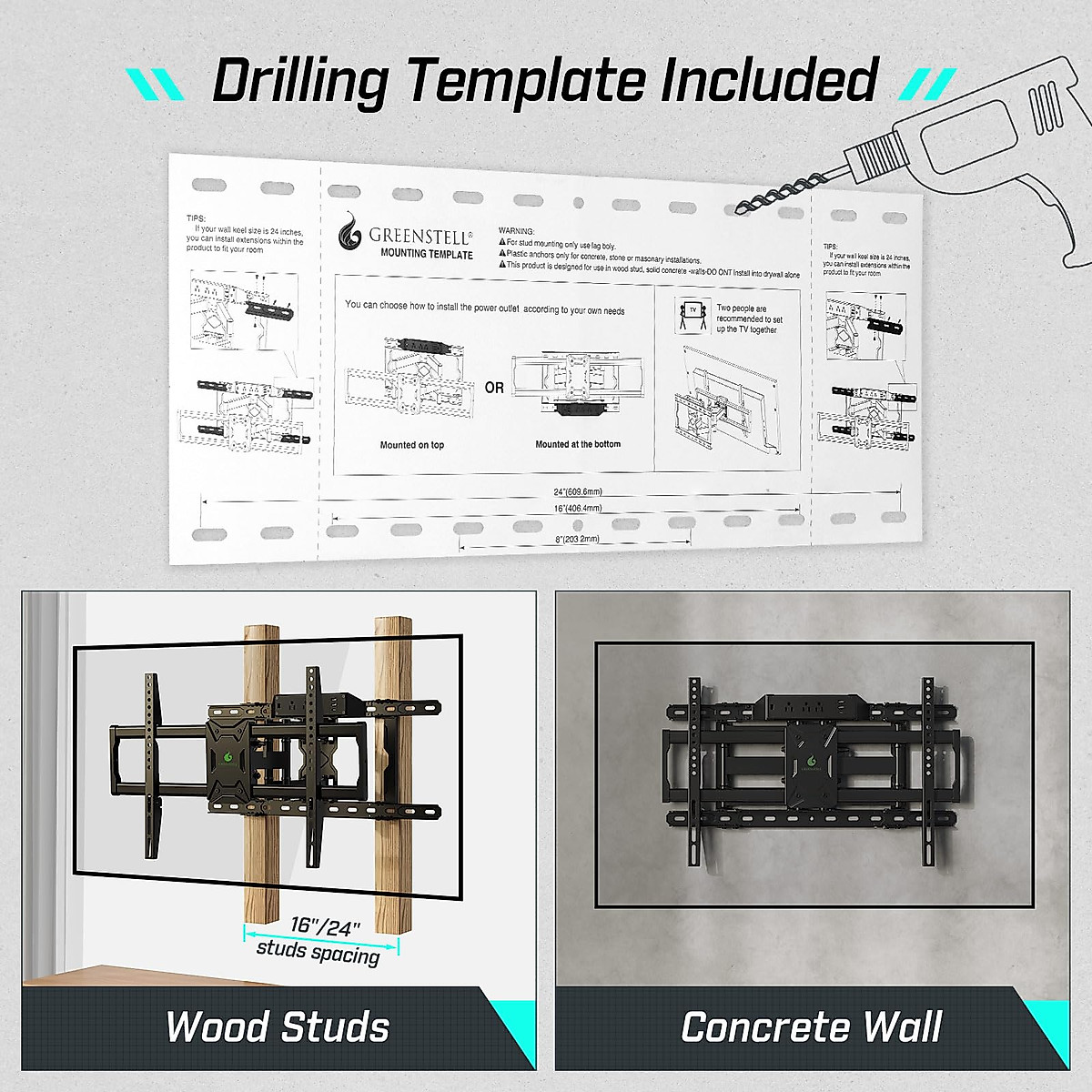 Greenstell TV Mount with Power Outlet, Full Motion Wall Mount for 47"-84" TVs, Swivel, Tilt and Extension Bracket with Dual Articulating Arms, Max VESA 600x400mm, Holds up to 132lbs