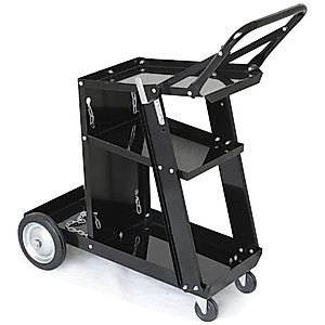 3-Tier Rolling Welding Cart Portable Heavy Duty for Plasma Cutter, Welding Welder Cart 350 Lbs Weight Capacity with Tank Storage & 2 Cable Hooks & Safety Chain Plasma Cutting Equipment (Black)