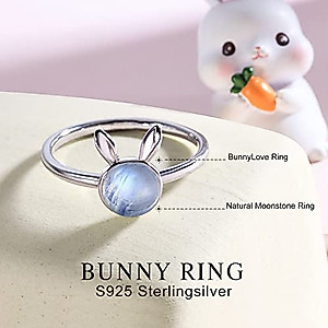 Ursilver Easter Bunny Lover Moonstone Ring, S925 Sterling Silver Ring, Cute Animal Ring, Bunny Ears Ring, Gemstone Moonstone Ring, Easter Gifts for Women Girls Jewelry Gifts Handmade(#9)
