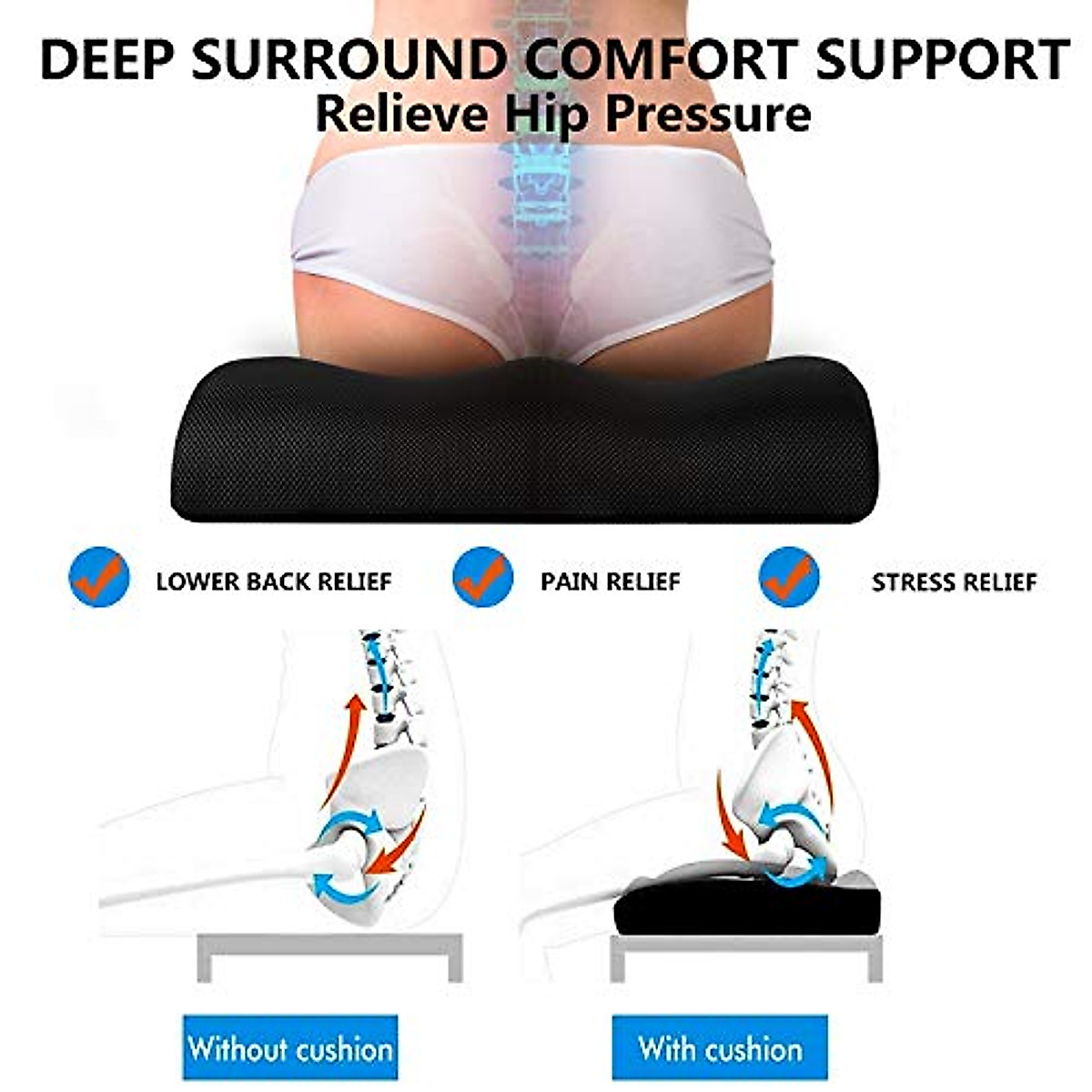 YOUFI Extra Thick Large Seat Cushion -19 X 17.5 X 4 Inch Gel Memory Foam Cushion with Carry Handle Non Slip Bottom - Pain Relief Coccyx Cushion for Wheelchair Office Chair (Black (1PACK))