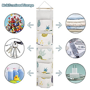 LASZOLA 2Pcs Over The Door Hanging Storage Bag, Waterproof Wall Closet Organizer Linen Fabric Stylish Mount Organizer with 5 Pockets for Bedroom Bathroom Kitchen (Pineapple+Lemon)