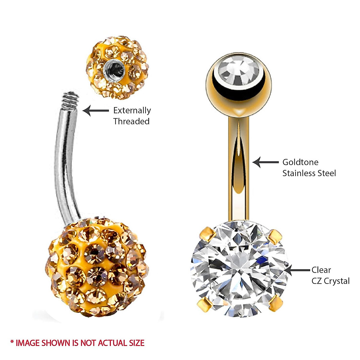 BodyJ4You 5PC Belly Button Rings Set - 14G - Goldtone Surgical Stainless Steel - Shiny CZ Crystals - Clear Disco Ball - Replacement Extra Pack - Women Body Piercing Jewelry