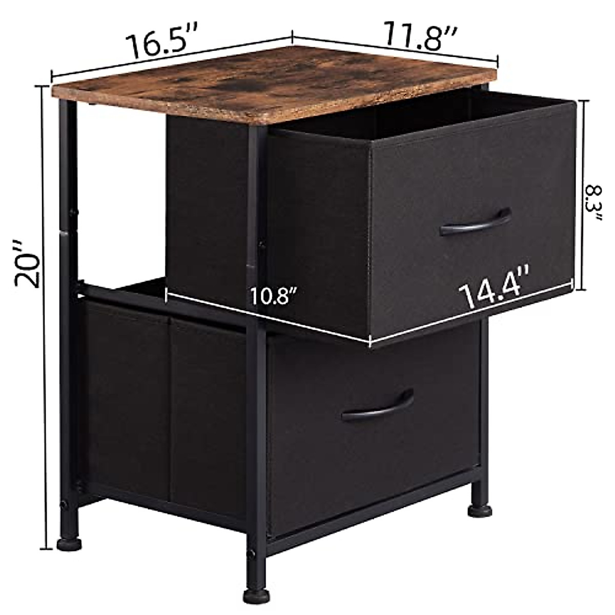 Somdot Nightstand with 2 Drawers, Bedside Table Small Dresser with Removable Fabric Bins for Bedroom Nursery Closet Living Room - Sturdy Steel Frame, Wood Top, Pull Handle - Black/Rustic Brown