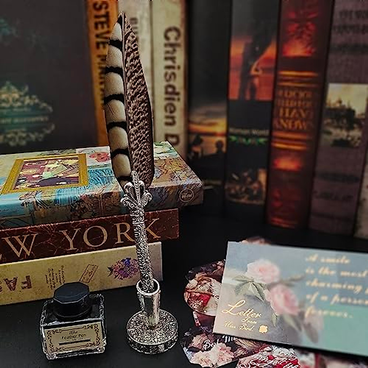 SHUEYEH Caligraphy Kits for Beginners, Feather Pen and Ink Set, Quill Pen X2, 10 Replacement Nibs, Silver Pen Stand, Antique Calligraphy Dip Pen with Black Ink (Pheasant+Turkey)