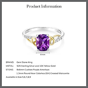 Gem Stone King 2 Tone 10K Yellow Gold and 925 Sterling Silver Cushion Cut 8X6MM Gemstone Birthstone and White Moissanite Engagement Ring For Women Available in Size 5, 6, 7, 8, 9