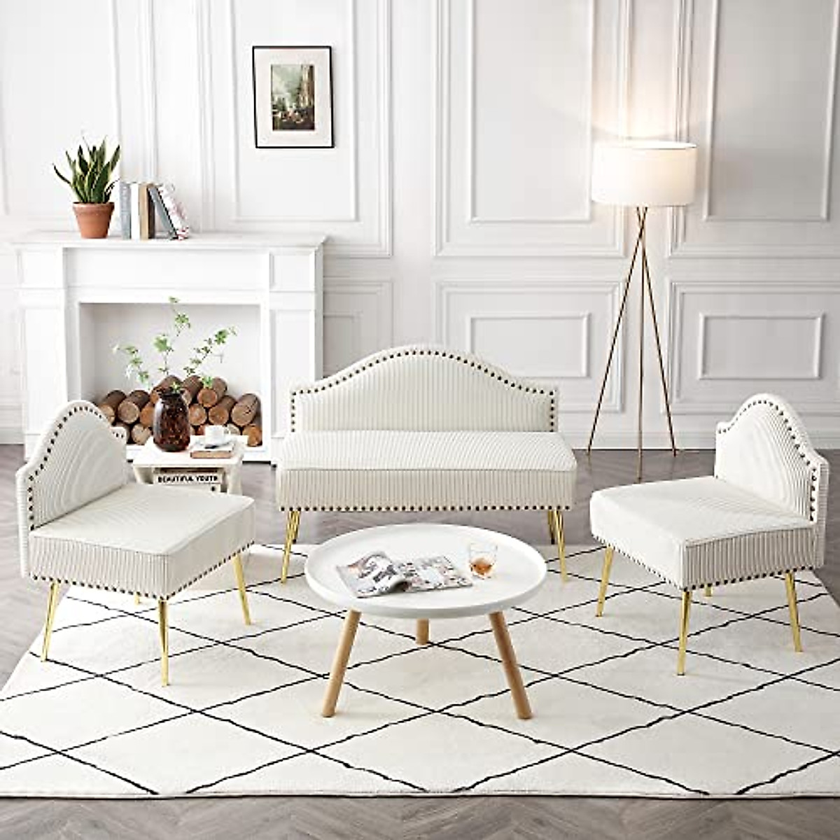 Krinana Modern Velvet Armless Loveseat Sofa,Upholstered Pleated Settee with Golden Legs,Comfy 2 Seater Sofa for Living Room Bedroom Office (Beige, Armless Loveseat)