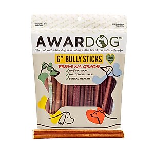 AWARDOG Odor-Free Bully Sticks (6 Inch, 12 Pack Standard Thickness), Fully Digestible 100% Beef Pizzle Chews, Grass-Fed, Grain-Free, Natural Long-Lasting Chews for Small & Large Dogs -12 Count