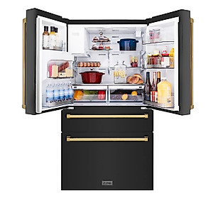 ZLINE 36" Autograph Edition 21.6 cu. ft 4-Door French Door Refrigerator with Water and Ice Dispenser in Fingerprint Resistant Black Stainless Steel with Polished Gold Traditional Handles