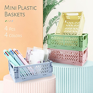 YETOOME 4 Pack Mini Plastic Baskets for Shelf Storage Organizing, Small Plastic Baskets, Folding Storage Crate for Home Kitchen Classroom Bedroom Bathroom Office (5.9 x 3.8 x 2.2 in)