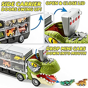 JOYIN 13 in 1 Dinosaur Truck for Kids, with 12 Pull Back Dinosaur Car Vehicles, Toy Dinosaur Transport Carrier Truck with Music and Roaring Sound, Flashing Lights, Mini Dinosaur Car Set, Helicopter