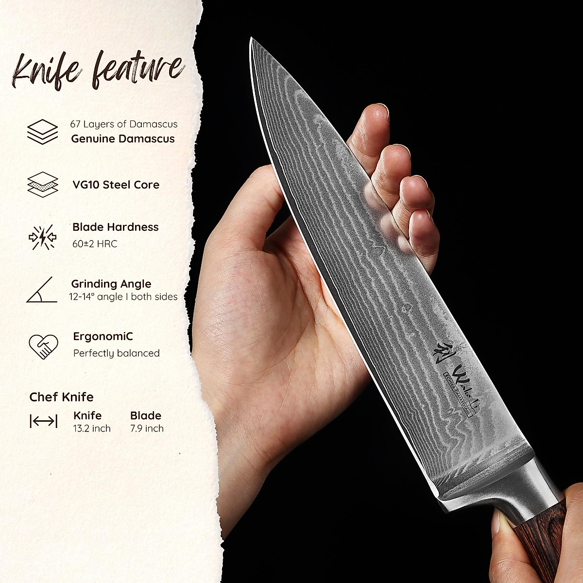 Wakoli Chef Knife, 8-inch Blade Damascus Knife made from 67 Layers of Damascus Steel with VG10 Core, Ergonomic Kitchen Knives with Pakkawood Handle for All Tasks in Gift Box (EDIB)