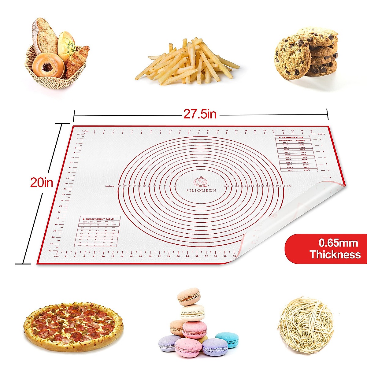 SiliQueen Silicone Pastry Baking Mat with Measurements Extra a Brush and a Dough Scraper- 27.5” x 20” Heat Resistant, BPA Free, Non-Stick Non-Slip Pastry Mat for Rolling Dough, Easy to Clean, Red