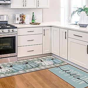 Artoid Mode Buffalo Plaid Hello Pumpkin Eucalyptus Fall Kitchen Mats Set of 2, Home Decor Low-Profile Kitchen Rugs for Floor - 17x29 and 17x47 Inch