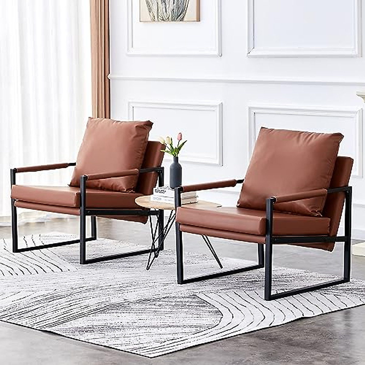 Goohome Mid Century Modern PU Leather Accent Chair Single Sofa,Cozy Upholstered Armchair Living Room Furniture,ReadingChair W/Metal Frame Extra-Thick Padded Backrest, Seat Cushion, Anti-Slip Footpad